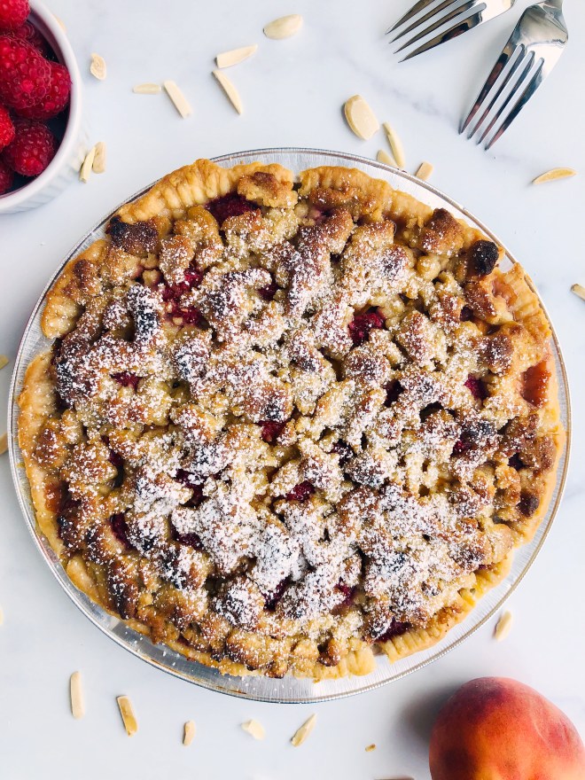 Peach raspberry almond crumble pie – Burrata & Bhaturas