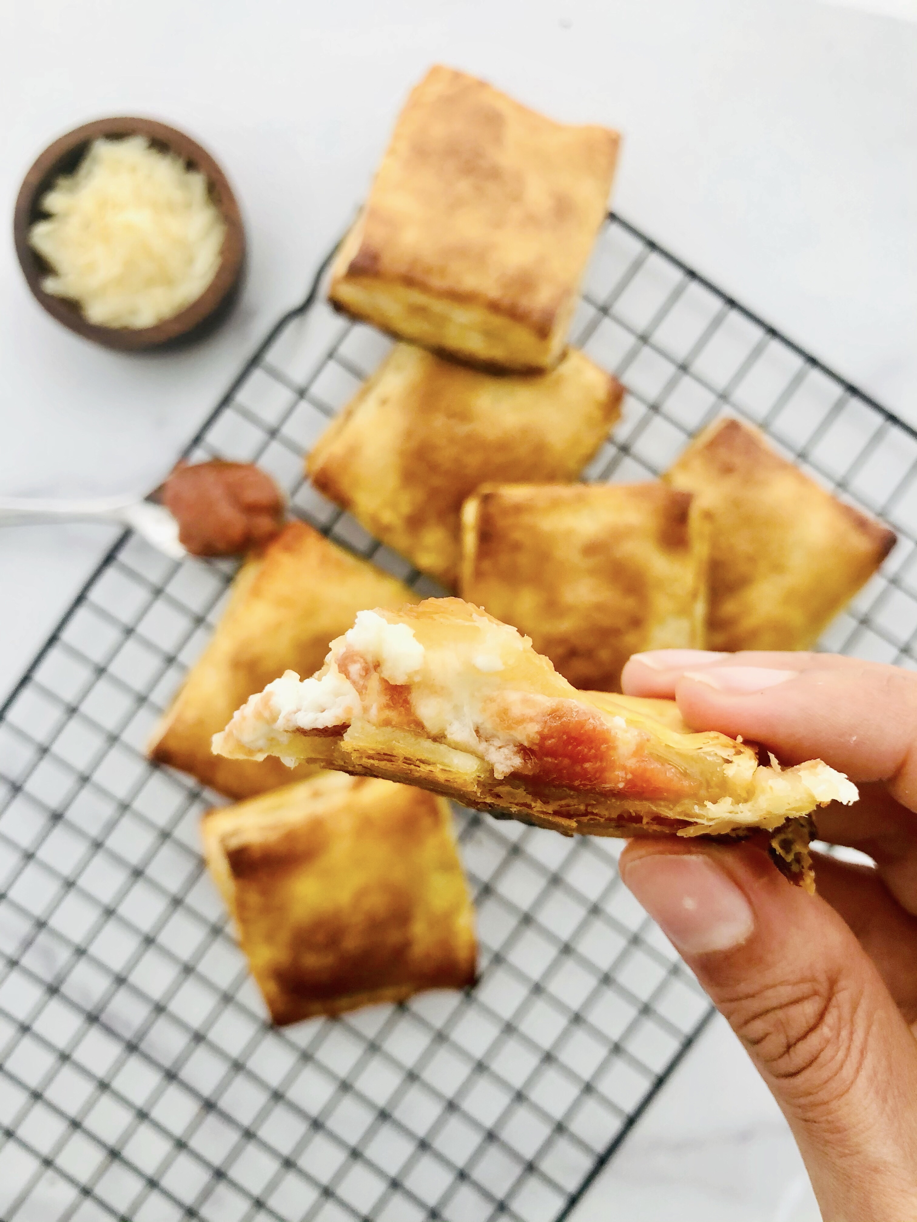 Guava pastries with manchego and goat cheese – Burrata & Bhaturas